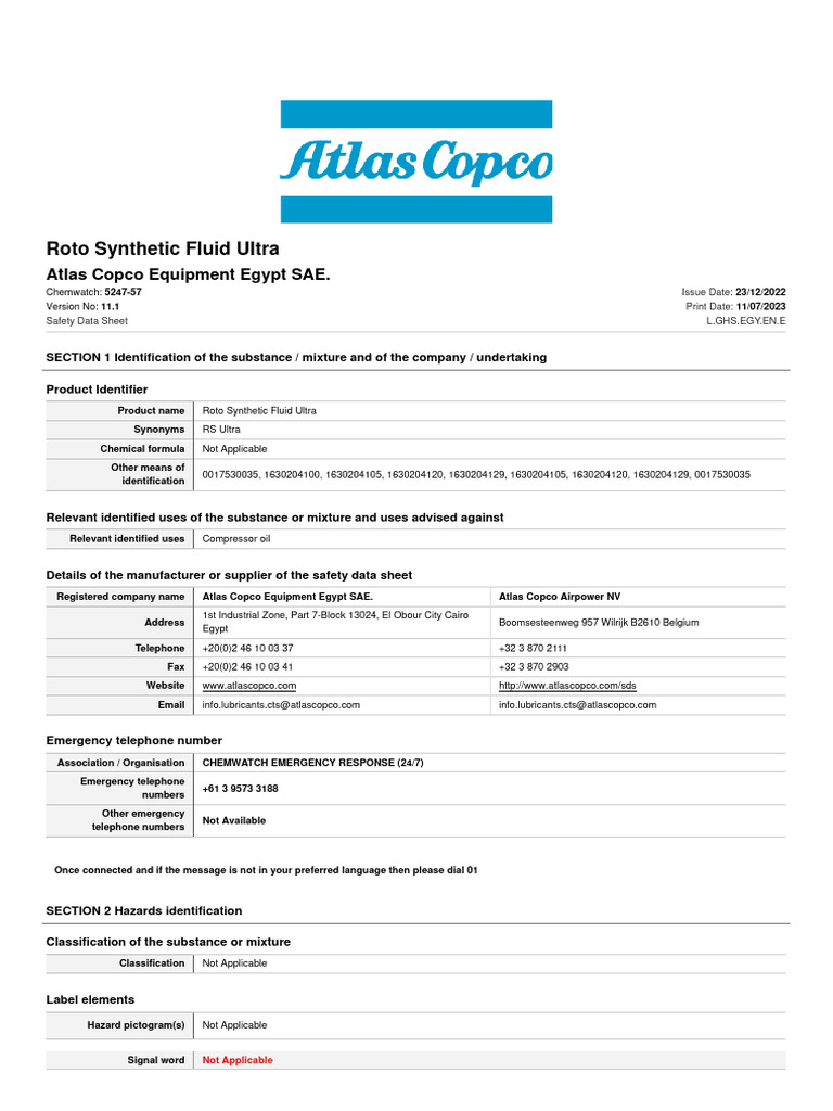 OIL RS ULTRA MSDS Eng | PDF | Toxicity | Fires