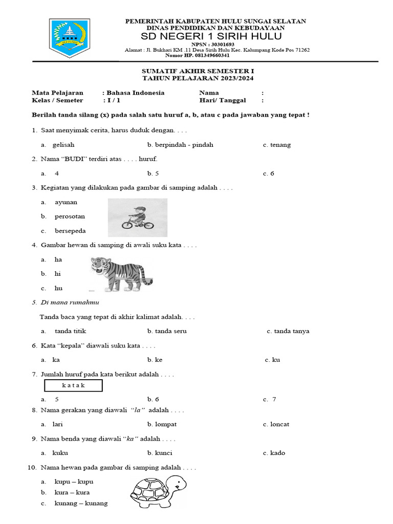 SOAL SAS Kelas 1 - B.Indonesia | PDF