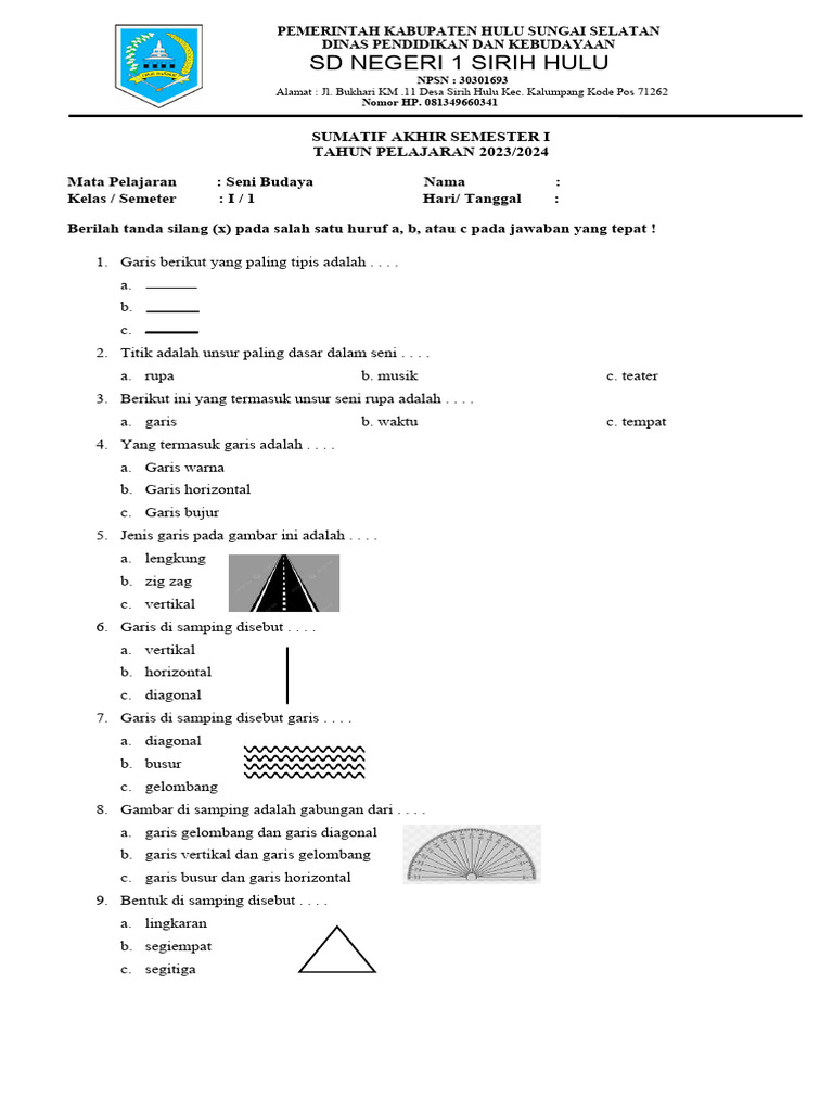 SOAL SAS Kelas 1 - Seni Budaya | PDF