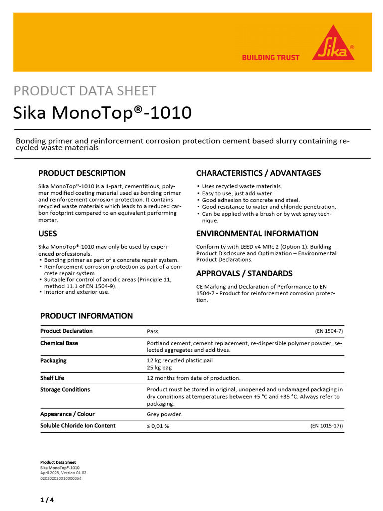 Sika Monotop 1010 | Download Free PDF | Concrete | Corrosion