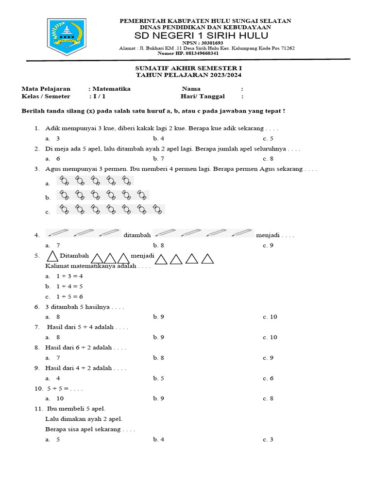 SOAL SAS Kelas 1 - Matematika | PDF