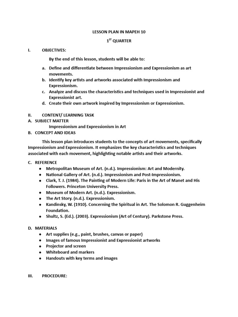 Lesson Plan in Mapeh 10 | PDF | Impressionism | Expressionism