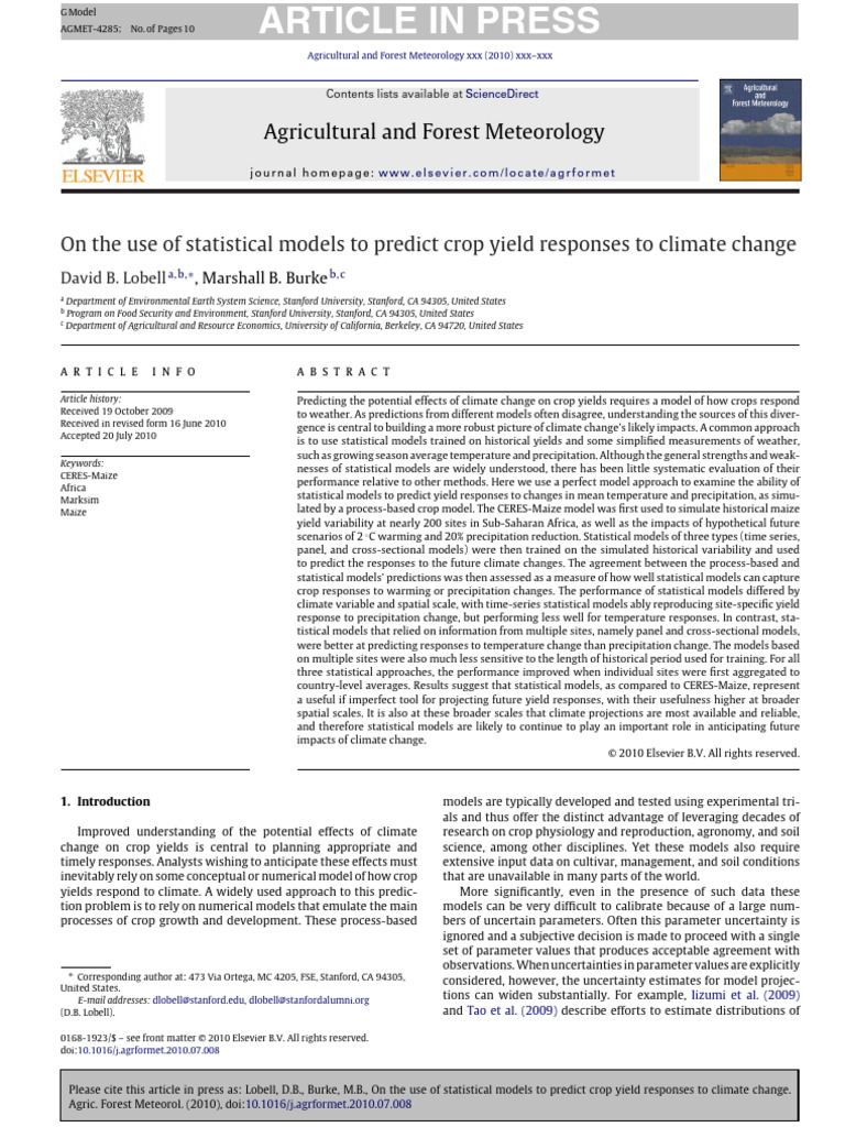 Use of Statistical Models To Predict Crop Yield Responses To Climate ...
