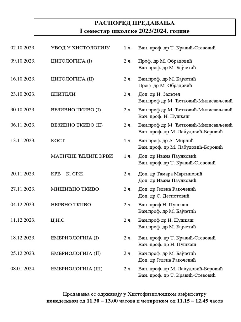 Raspored Predavanja I Sem 23.24 | PDF