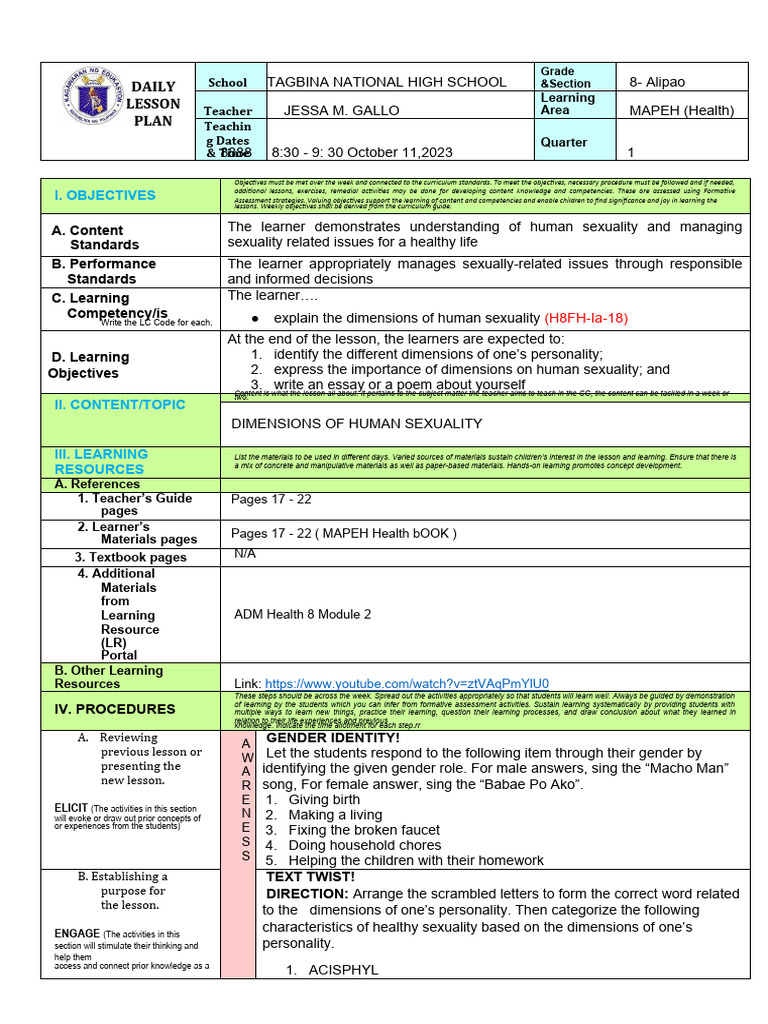 Q1 COT - MAPEH 8 - hEALTH (Lesson 2-Dimensions of Human Sexuality ...