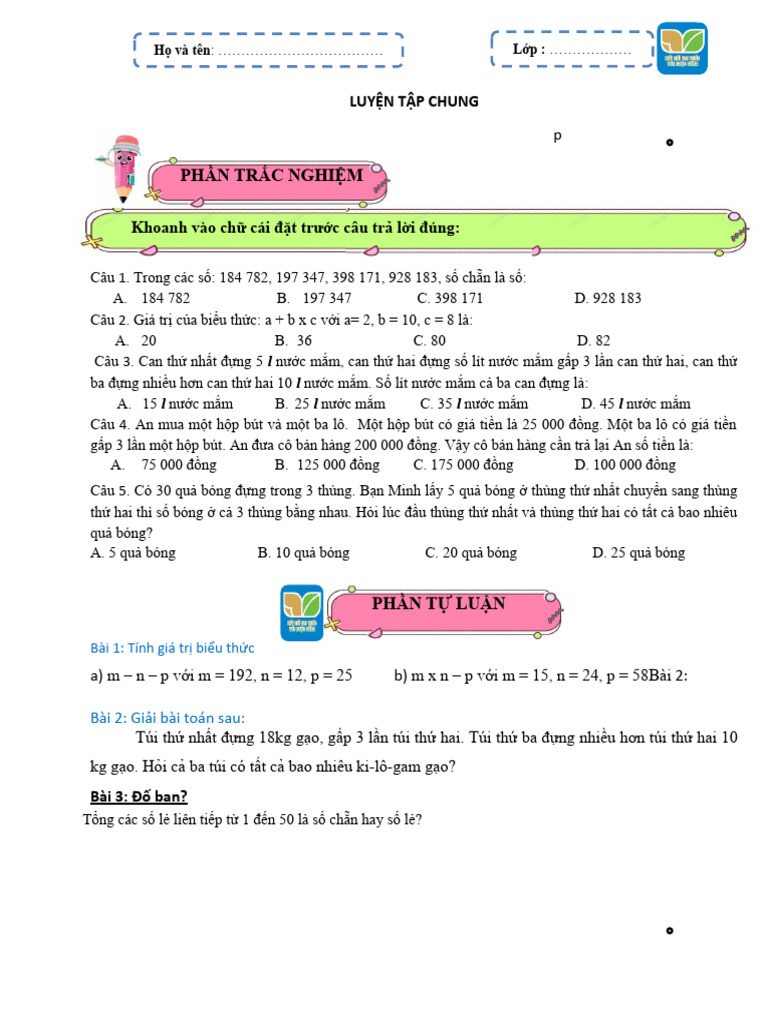 Toan4 Tuần 3. tính giá trị biểu thức | PDF