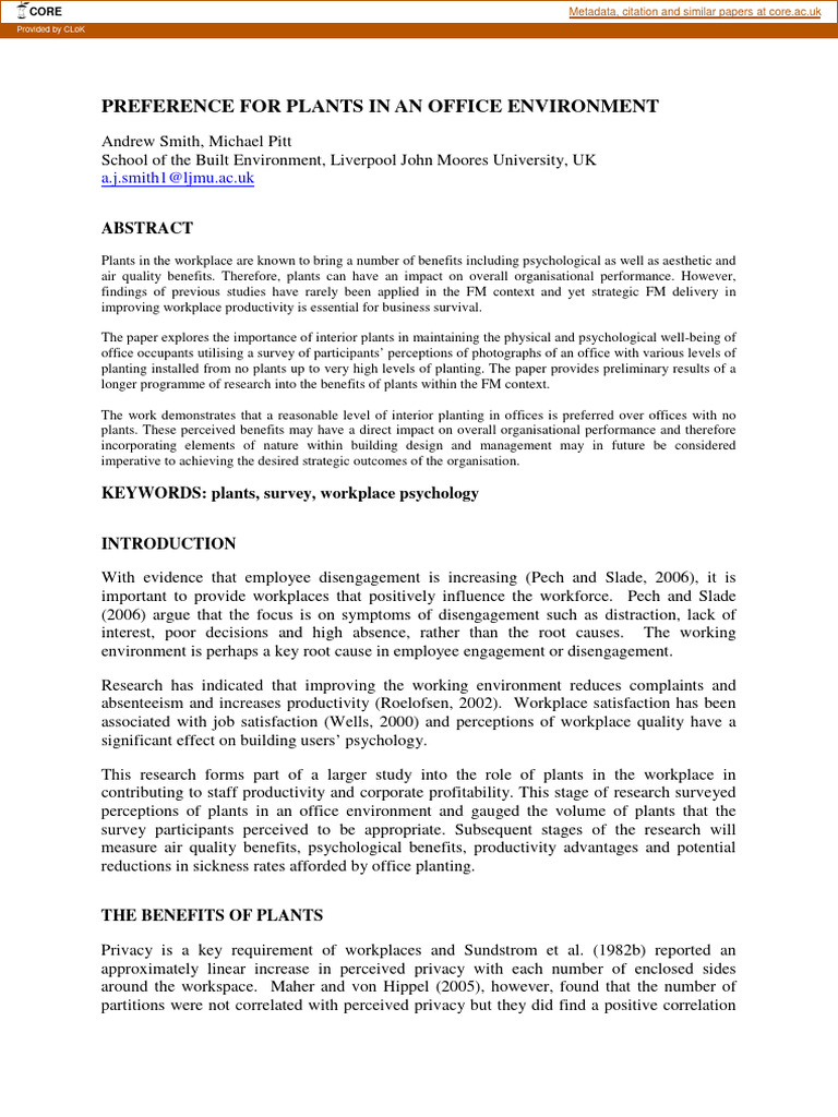 Preference For Plants in An Office Environment | PDF