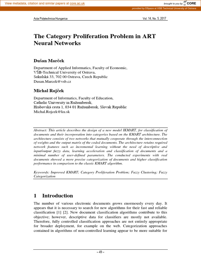 The Category Proliferation Problem in ART Neural Networks | PDF | Cluster Analysis | Fuzzy Logic
