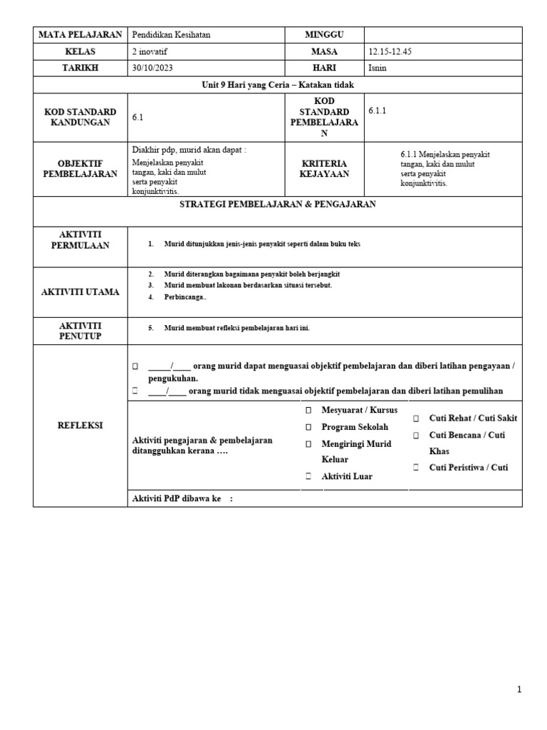 RPH PK Tahun 2 Unit 9 Hari Yang Ceria Katakan Tidak | PDF