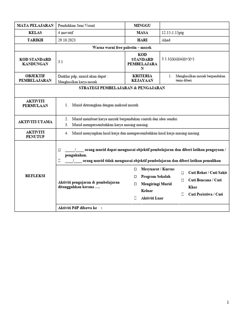 RPH PSV Tahun 4 Unit 2 Mozek Free Palestin | PDF