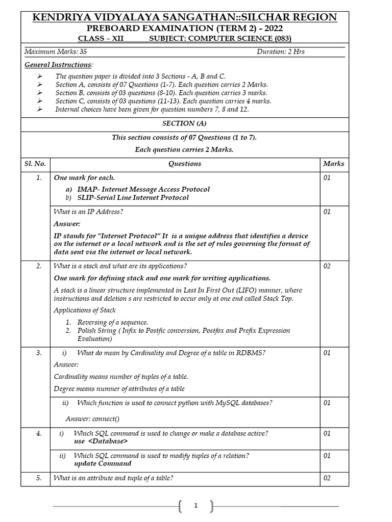 Ms Silchar t2 2022 - Xii - Cs | PDF | Table (Database) | Databases