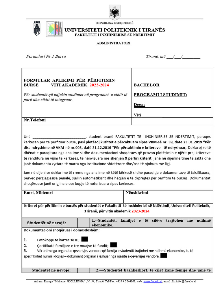 Formulari I Perfitimit Te Burses | PDF