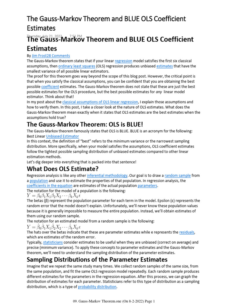 09 The Gauss Markov Theorem And Blue Ols Coefficient Estimates Pdf Estimator Ordinary