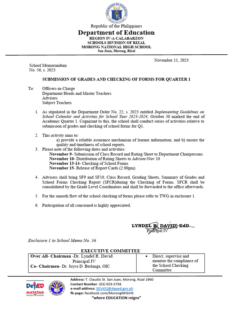 School Memo No. 56 S. 2023 Submission of Grades and Checking of Forms First Quarter | PDF ...