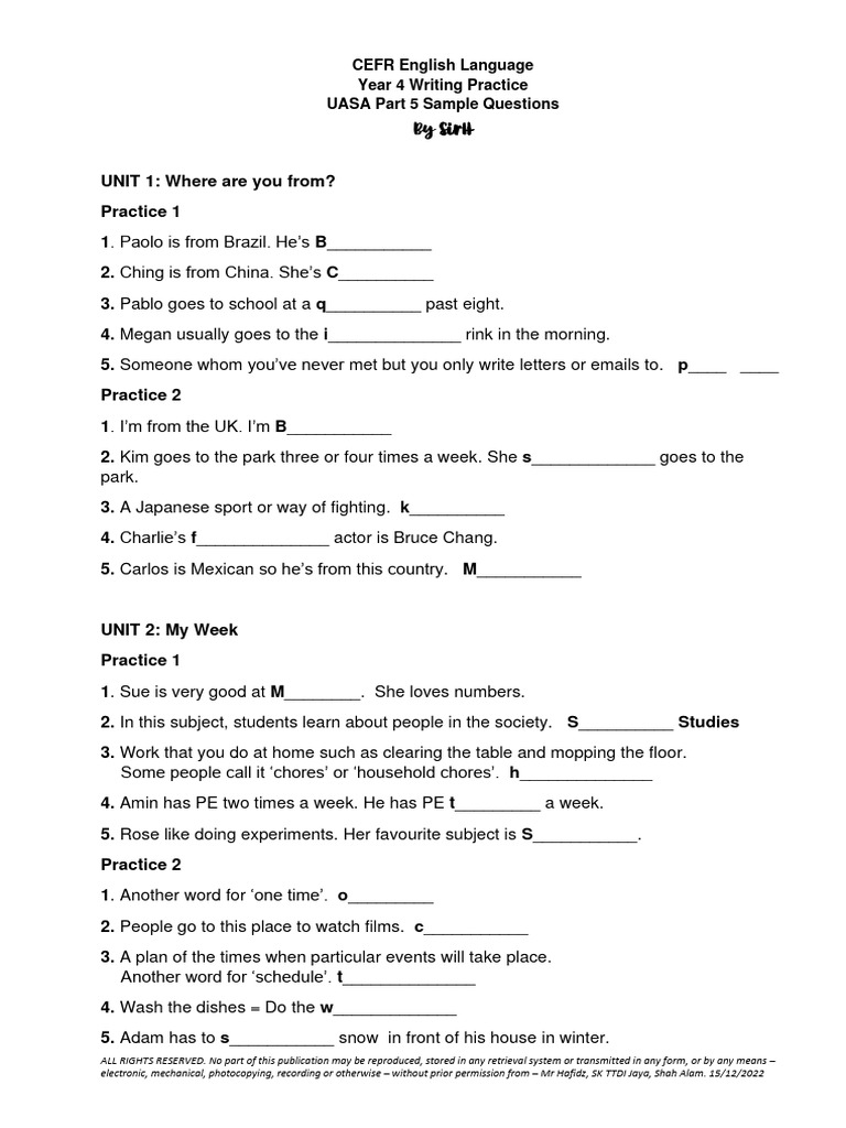 UASA Part 5 (Writing) - Year 4 | PDF