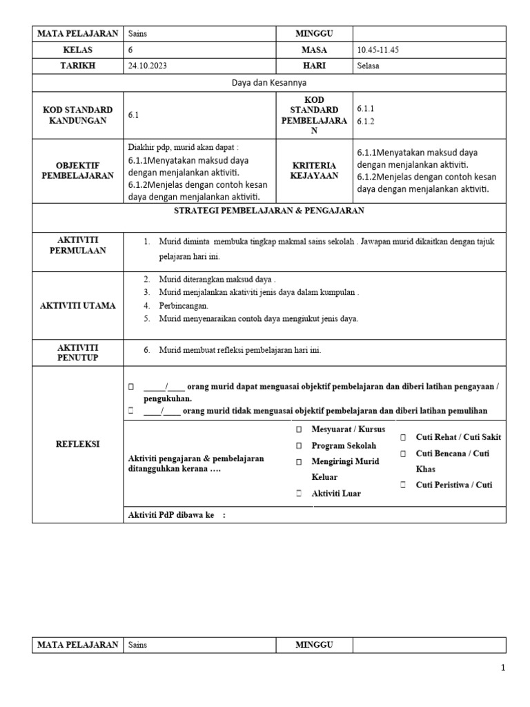 RPH SN Tahun 6 Daya | PDF