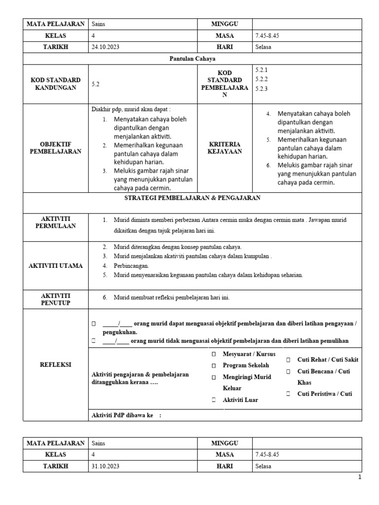RPH SN Tahun 4 Unit 4 Pantulan Cahaya | PDF