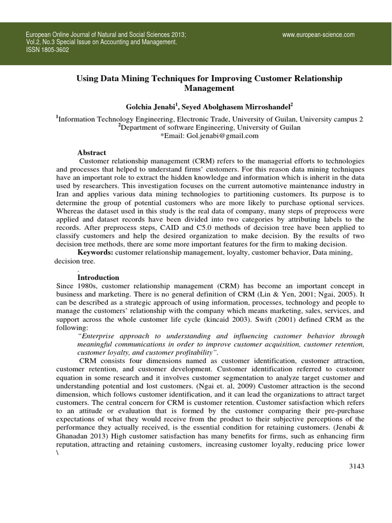 Using Data Mining Techniques To Improve Customer Relationship Management | Download Free PDF ...