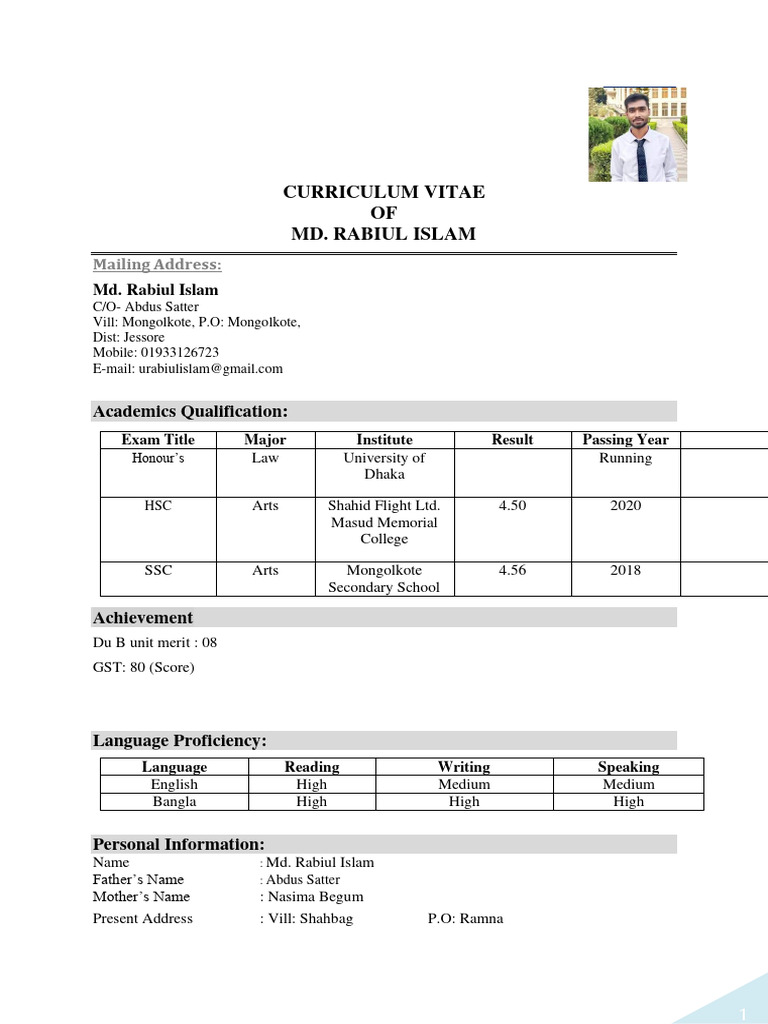 Curriculum Vitae OF Md. Rabiul Islam: Mailing Address | PDF