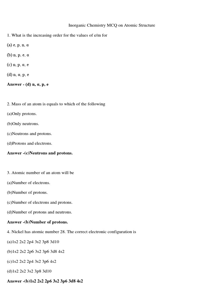 Inorganic Chemistry MCQ On Atomic Structure | PDF | Atomic Nucleus | Proton