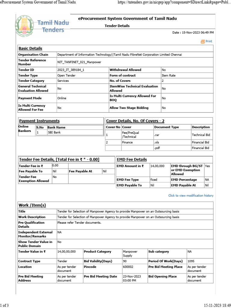 Tamil Nadu Manpower Agency Tender | PDF | Procurement | Banks