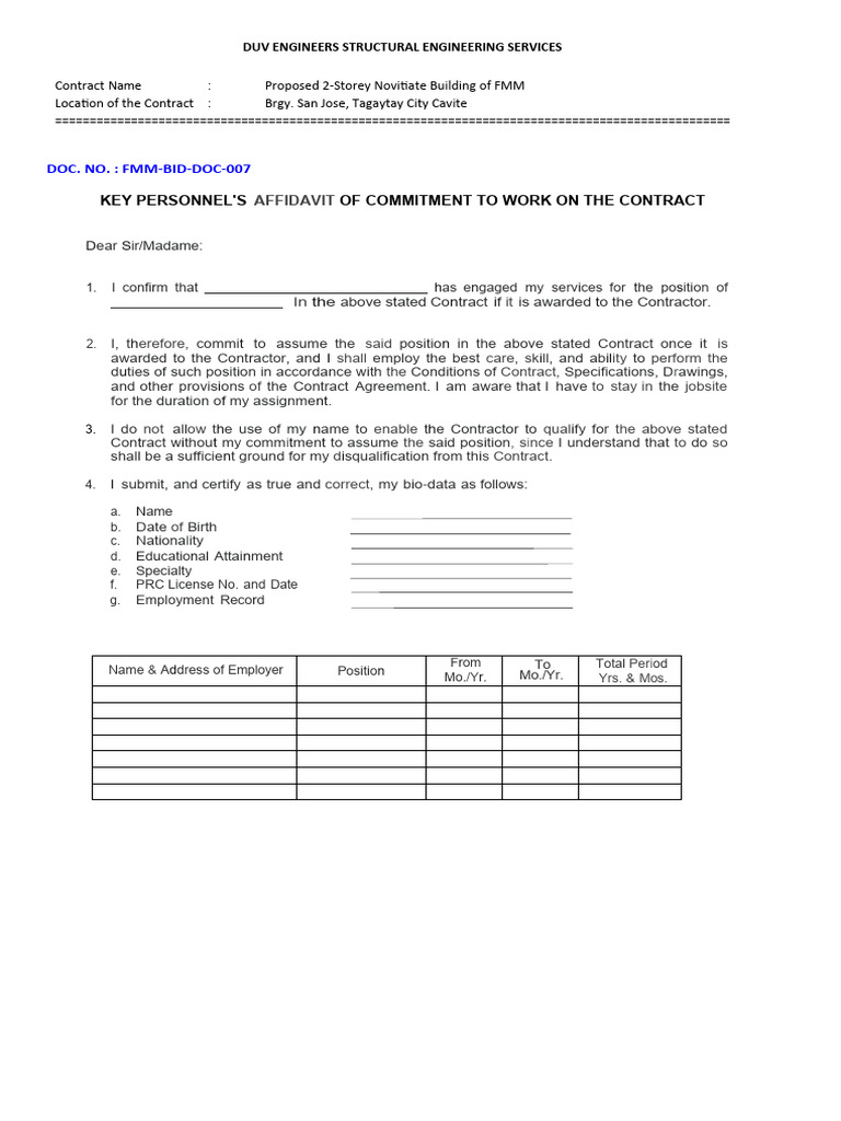 FMM-BID-DOC-007 - Key Personnels Affidavit of Commitment To Work On The ...