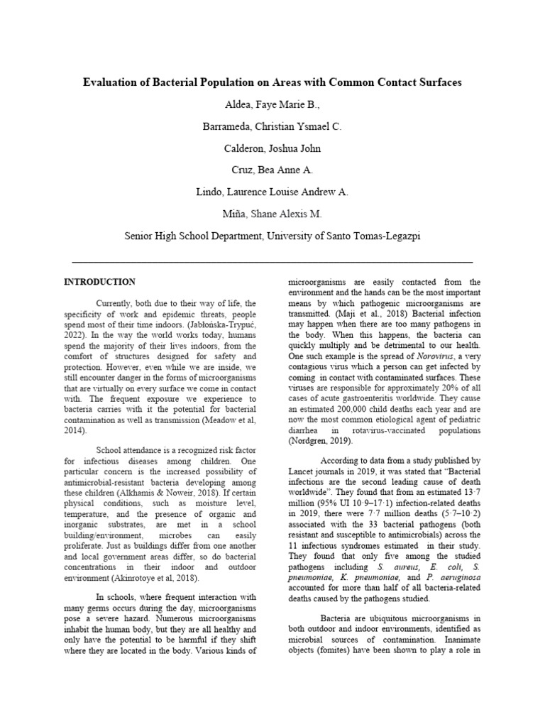 Bacterial Contamination on Contact Surfaces | PDF | Infection | Bacteria