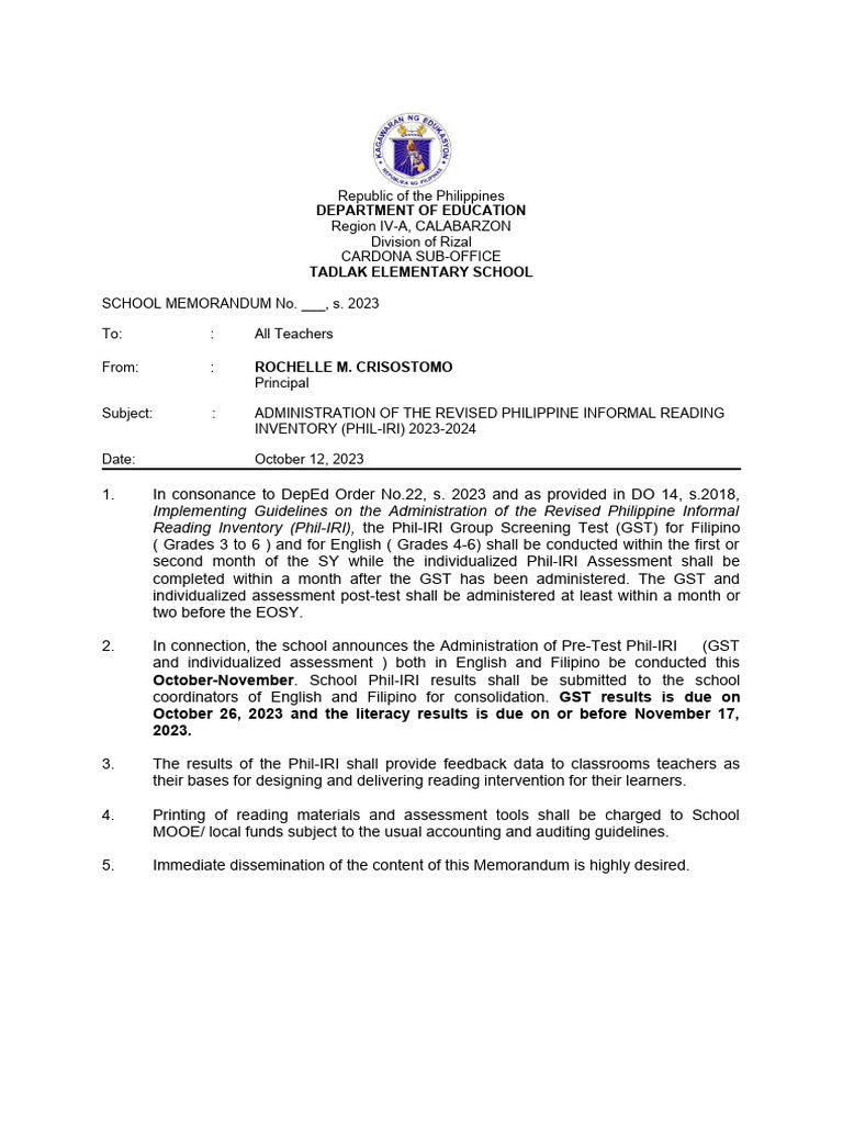 Phil-IRI Administration Memo 2023-2024 | PDF | Social Science