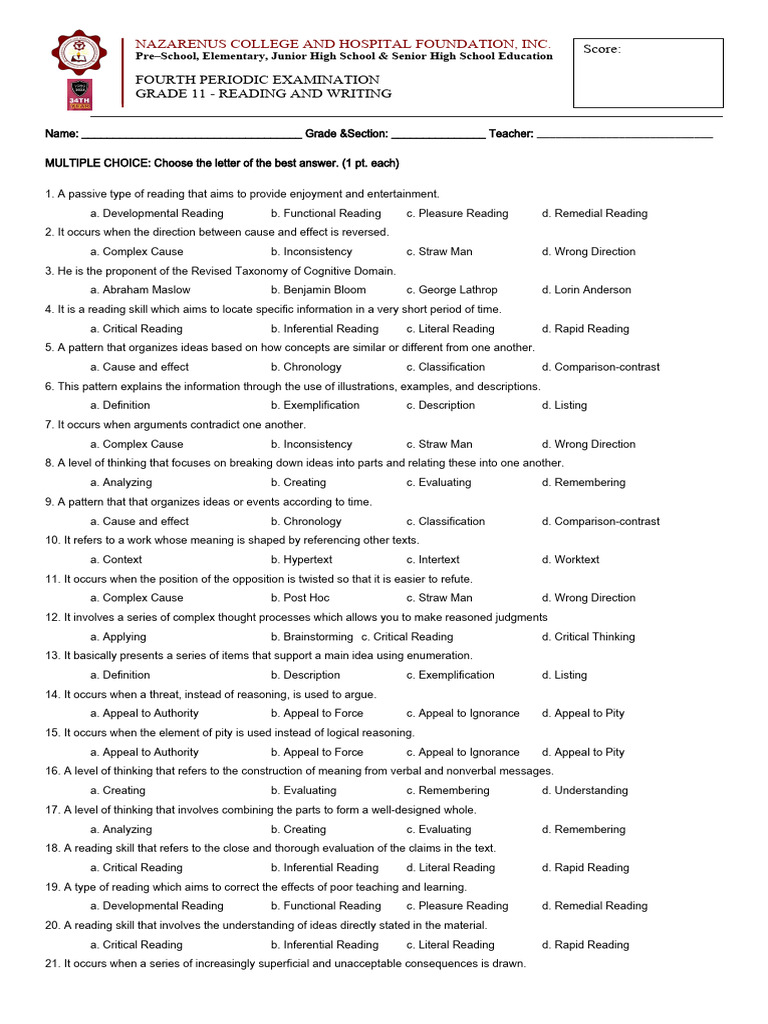 Grade 11 Reading & Writing Exam | PDF | Résumé | Editing