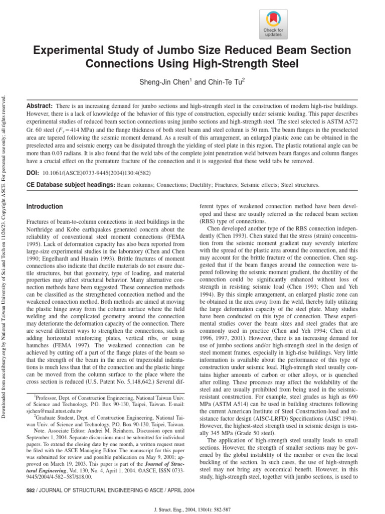 (Chen) Experimental Study of Jumbo Size Reduced Beam SectionConnections Using High-Strength ...