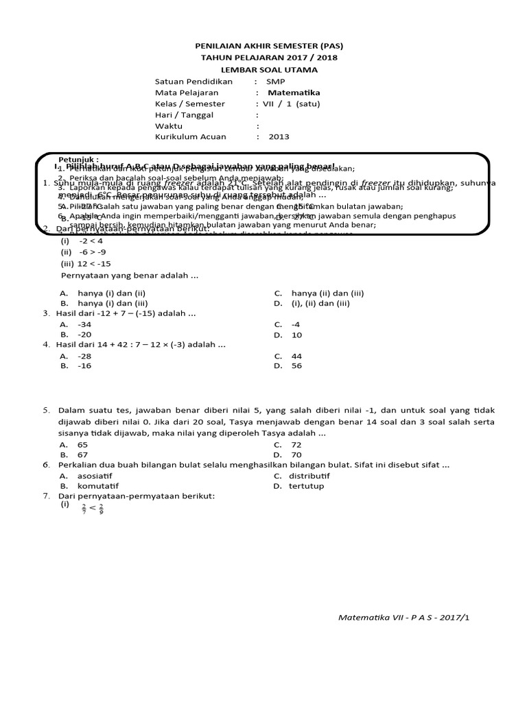 05 Soal Matematika Kls.7 - New | PDF