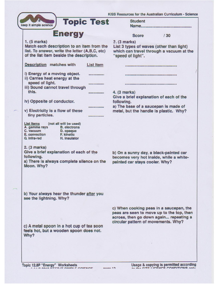 Energy Topic Test | PDF