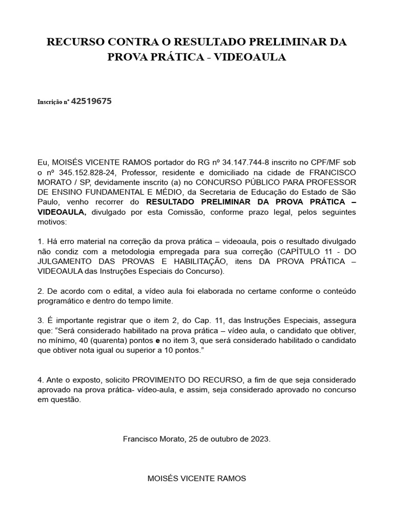 Modelo de Recurso Contra o Resultado Preliminar Da Prova Prática ...