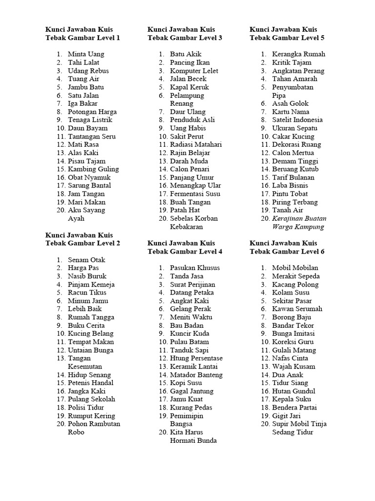 Kunci Jawaban Kuis Tebak Gambar Level | PDF