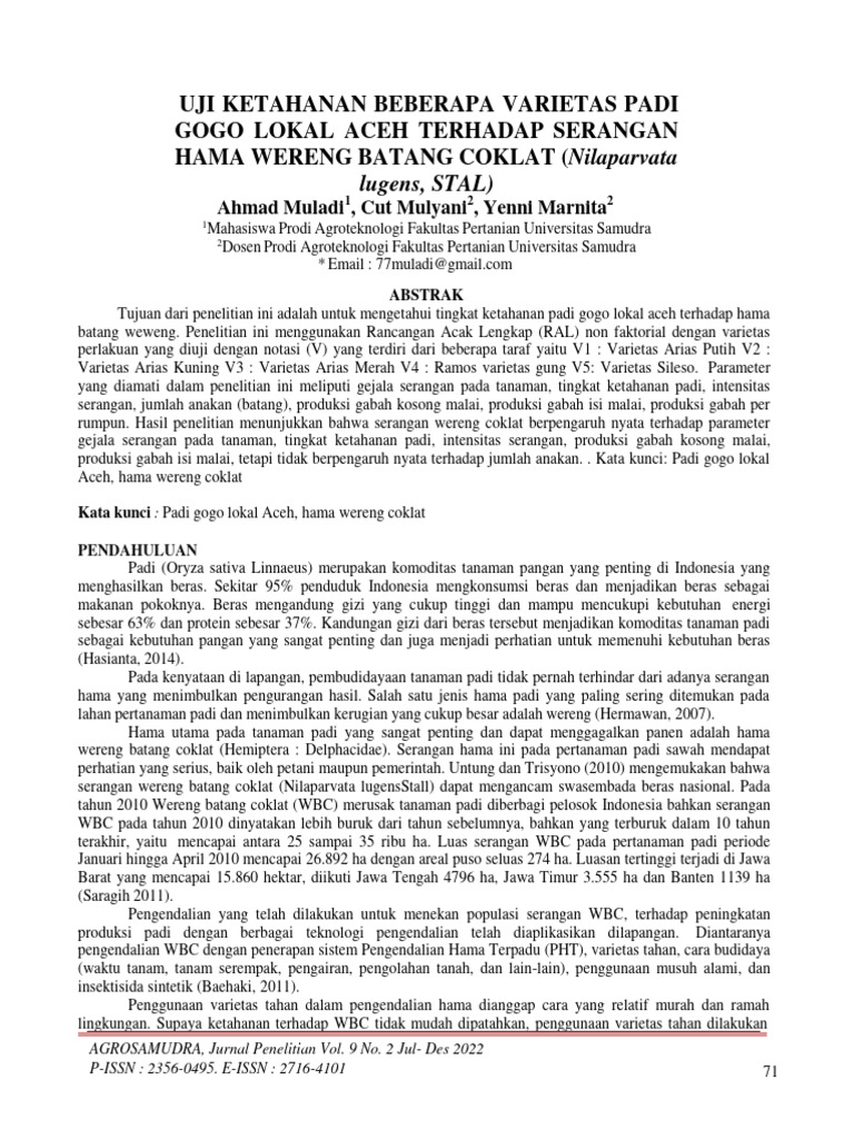 Ahmad Muladi - UJI KETAHANAN BEBERAPA VARIETAS PADI | PDF