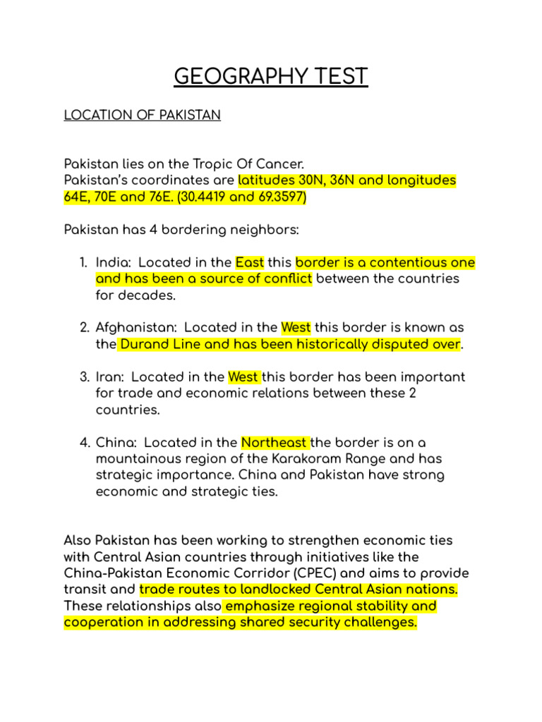 Geography Test | PDF | Pakistan | Plateau