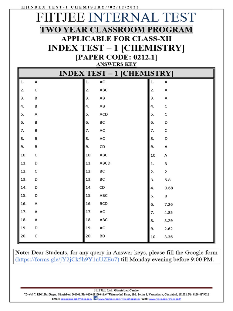 Index Test-1 (Chemistry) - Final Paper - Answer Key Final | PDF