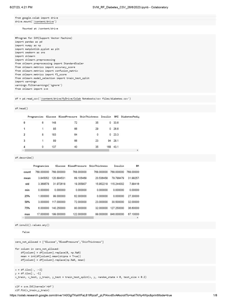 Svm Rf Diabetes Csv 26 6 2023 Ipynb Colaboratory Pdf Diabetes Clinical Medicine