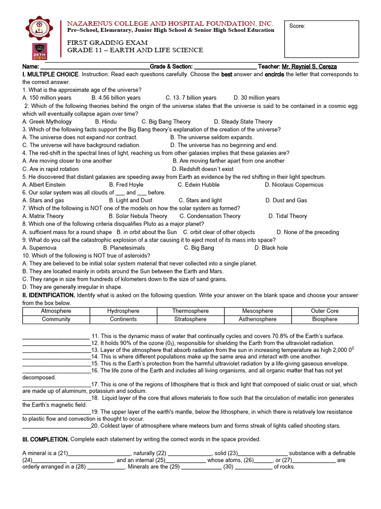 First Quarter Exam - Grade 11 - Earth Science | PDF | Universe | Earth