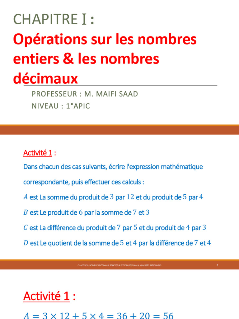 Opérations sur Nombres Entiers et Décimaux | PDF | Division ...