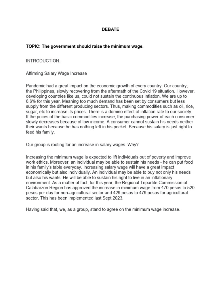 DEBATE | PDF | Cost Of Living | Minimum Wage