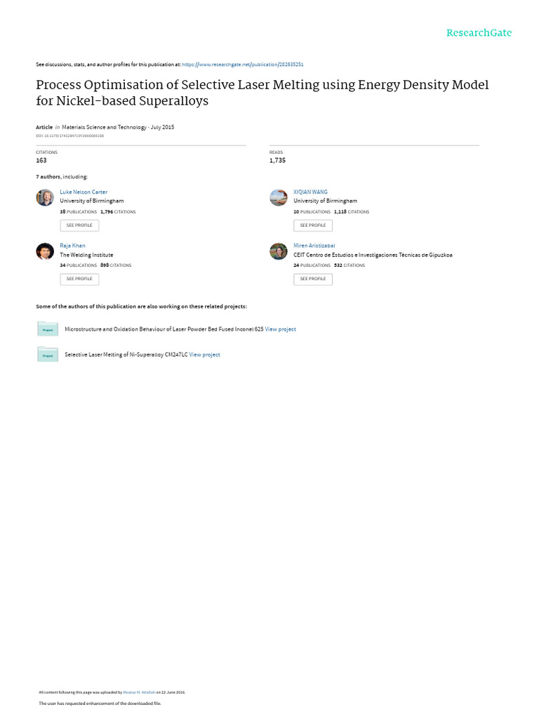 Process Optimisation of Selective Laser Melting Using Energy Density ...