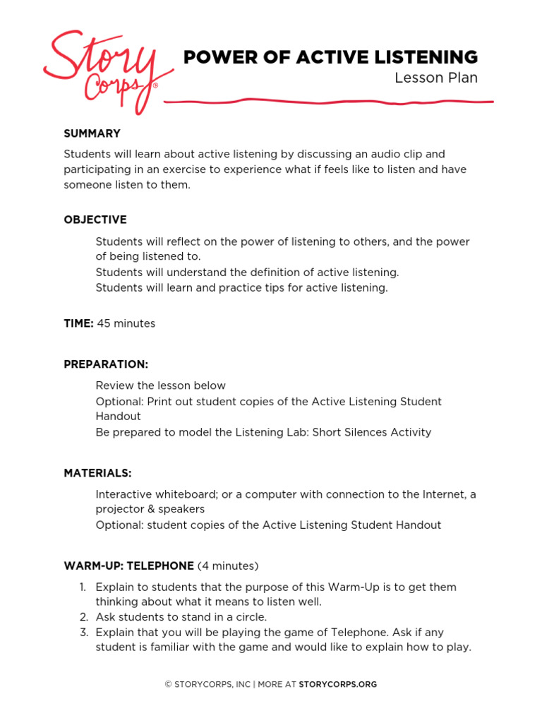 Active Listening Lesson Plan Guide | PDF | Nonverbal Communication ...
