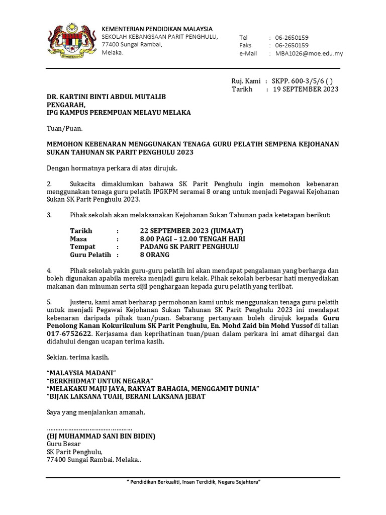 Surat Permohonan Pegawai Kejohanan Sukan Tahunan SEPALU | PDF