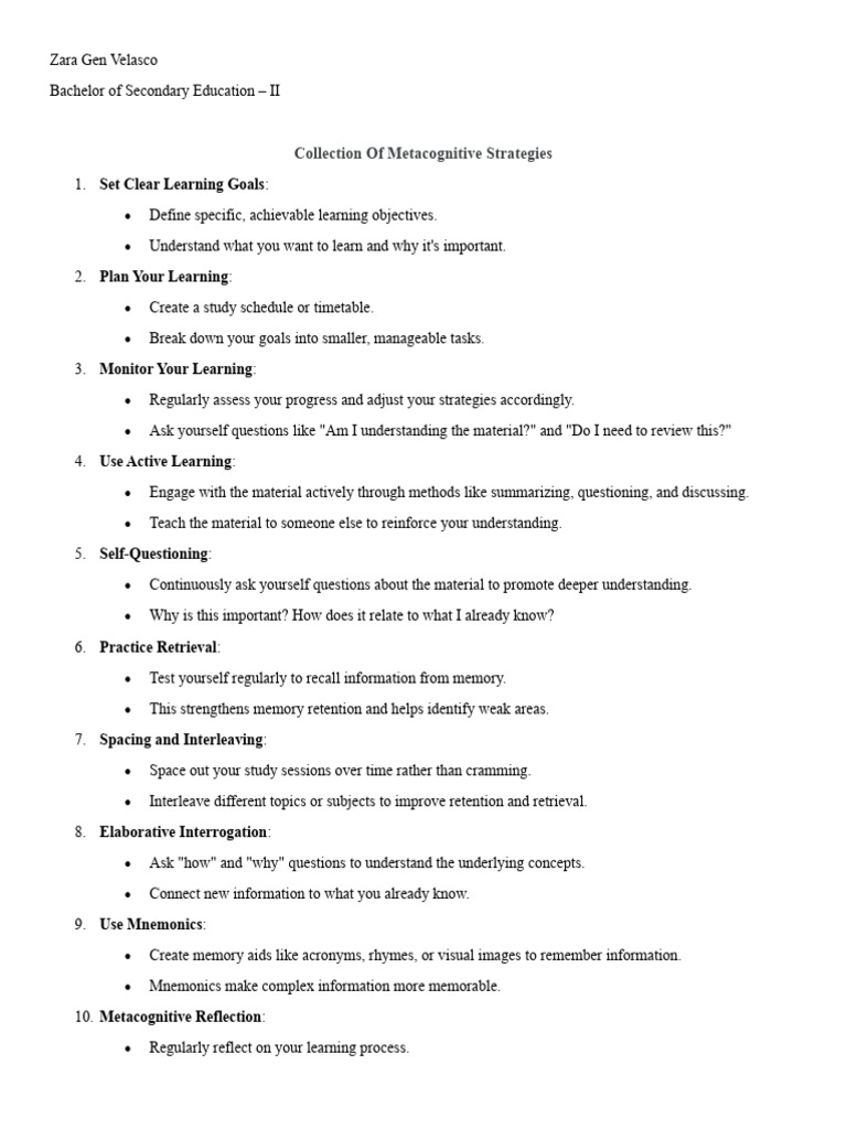 Collection of Metacognitive Strategies | PDF | Memory | Metacognition