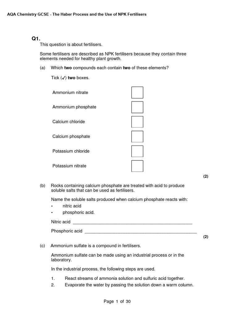 10.4 The Haber Process and The Use of NPK Fertilisers QP | PDF ...