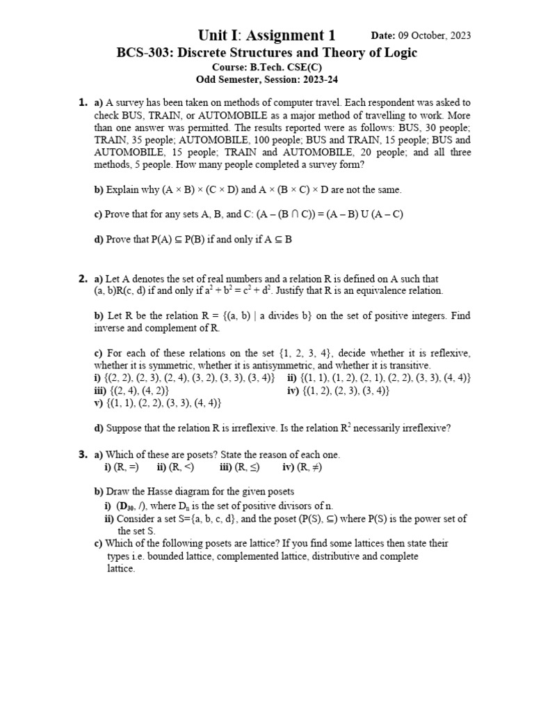 Unit I Assignment | PDF | Discrete Mathematics | Mathematical Analysis