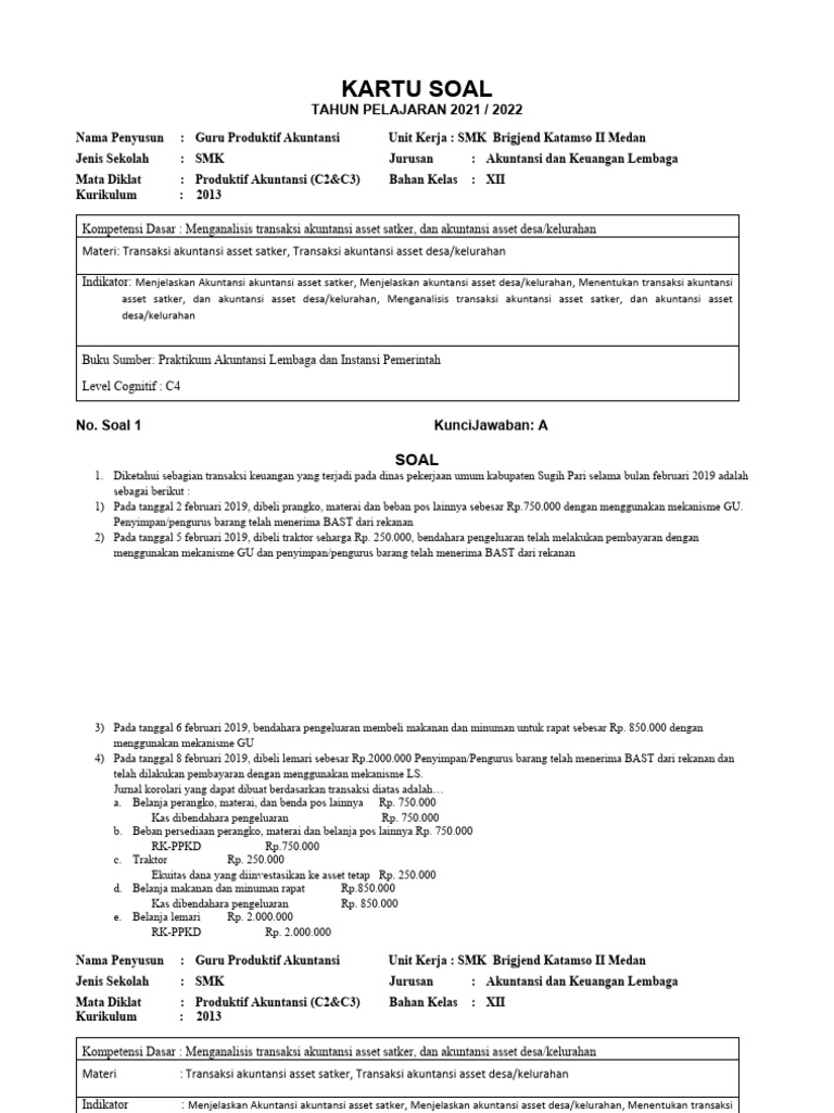 KARTU SOAL Produktif AKL C2&C3 | PDF | Bisnis