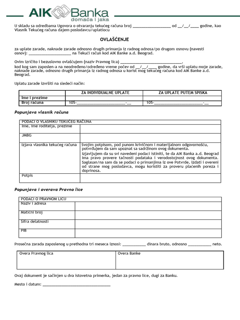 Ovlašćenje Za Prenos Zarade - GP | PDF