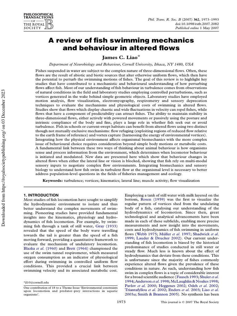 Fish Swimming in Altered Flows Review | PDF | Fluid Dynamics | Vortices